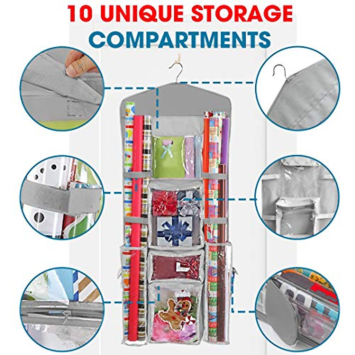 ProPik Hanging Double Sided Christmas Gift Wrapping Paper Storage Organizer With Multiple Pockets Organize Your Gift Wrap, Gift Bags Bows Ribbons 40"X17" Fits 40 Inch Rolls Clear PVC Bag (Grey)