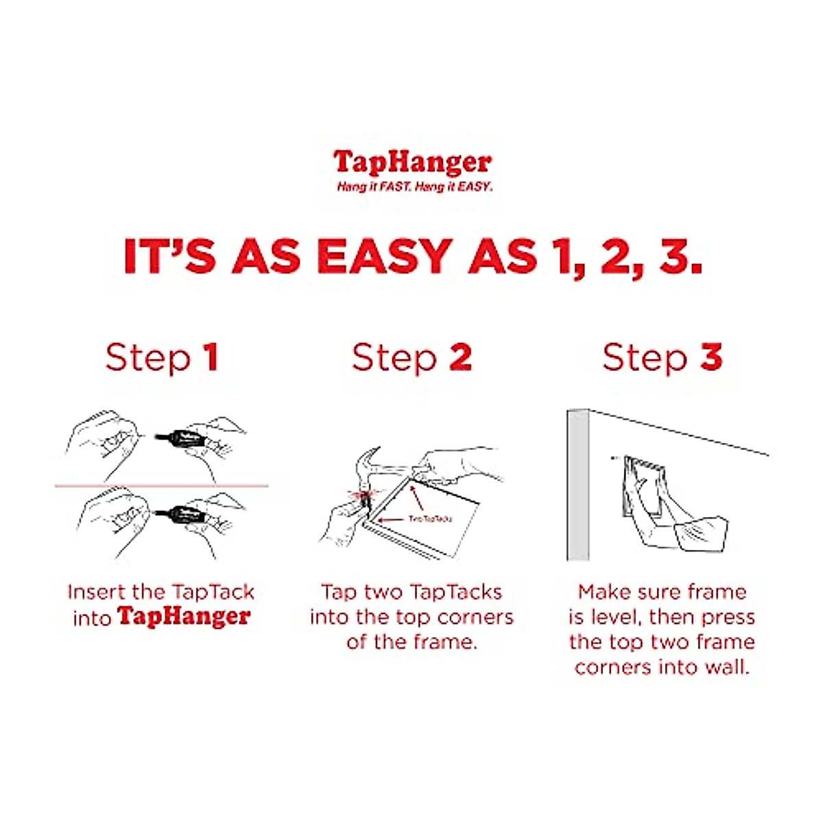 TapHanger Picture Frame Hanging Kit for Drywall - Easy To Use Picture Hanging Tool to Quickly Hang Wooden Frames & Canvases in Less Than A Minute -Includes 80 Reusable TapTacks & Holds Up to 20 Pounds