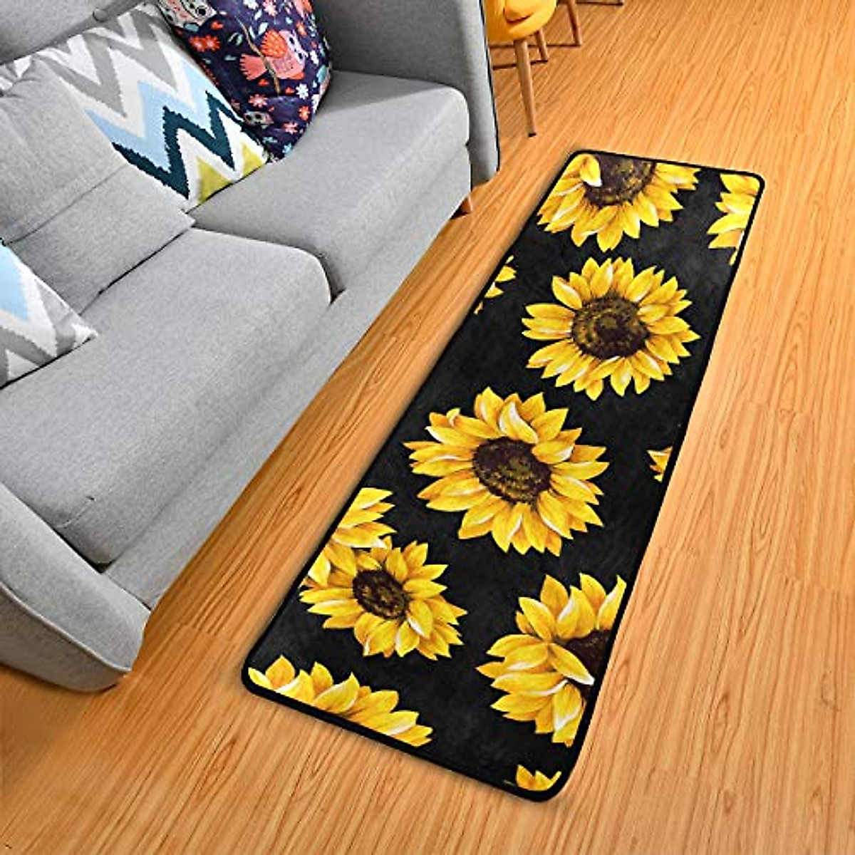 Sunflower Black Kitchen Rugs Non-Slip Soft Doormats Bath Carpet Floor Runner Area Rugs for Home Dining Living Room Bedroom 72" X 24"