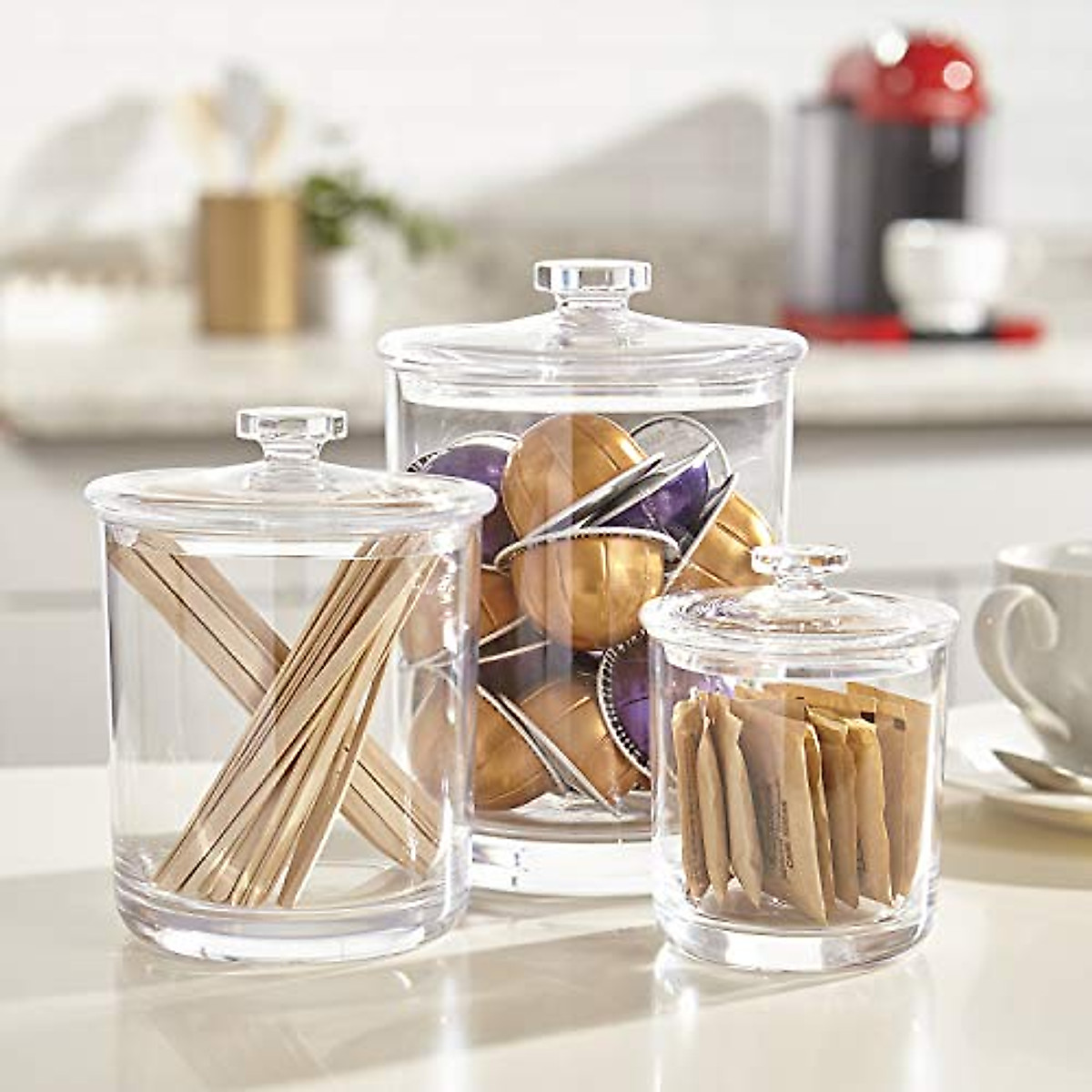 STORi 3-Pack Premium Quality Qtip and Cotton Ball Holders | 15-oz, 30-oz, and 60-oz Clear Plastic Apothecary Jars with Lids | Perfect Containers for Bathroom and Vanity | Set of 3