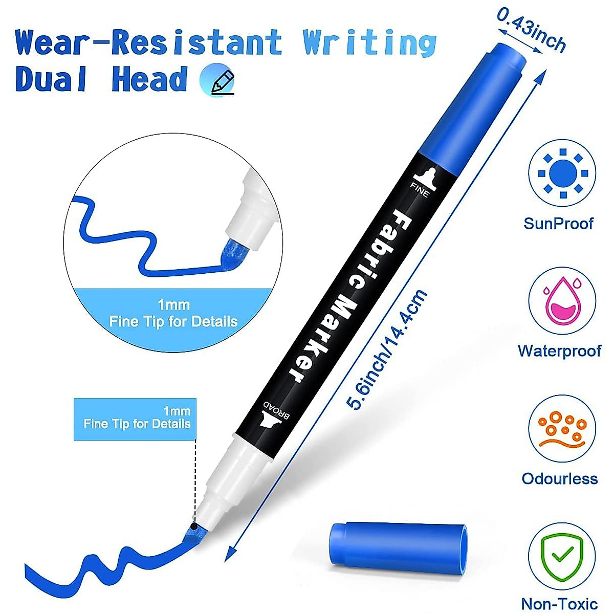 Emooqi Fabric Markers Pen, 24 Colors Fabric Paint Art Marker Set Double-Ended Fabric Markers with Chisel Point and Fine Point Tips, Child Safe & Non-Toxic