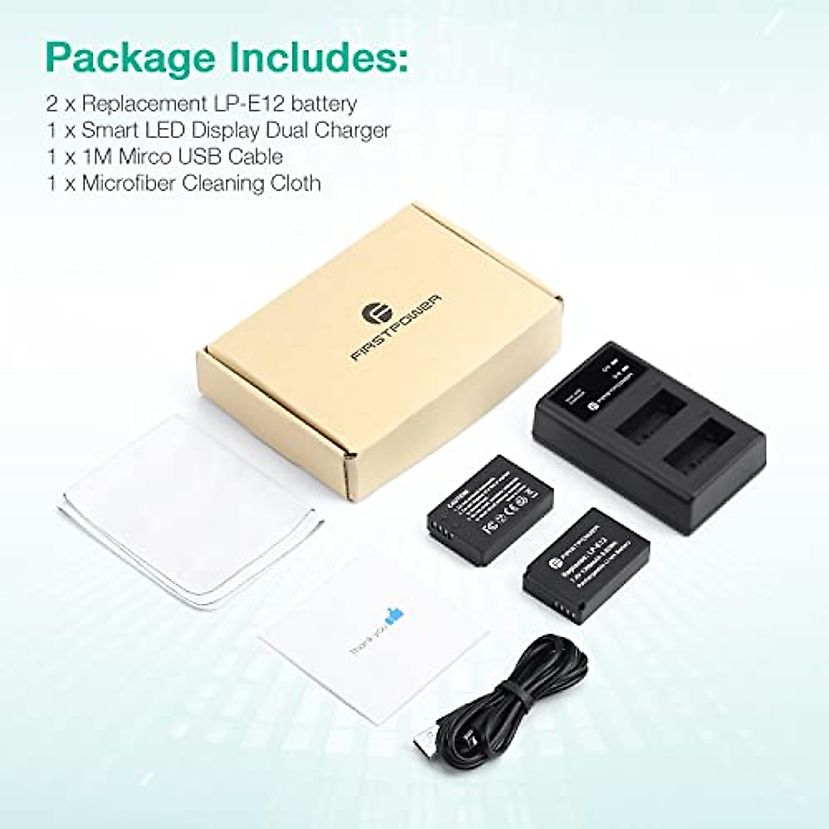 FirstPower 2-Pack LP-E12 Batteries and USB Dual Battery Charger Compatible with Canon EOS M, M2, M10, M50, M50 Mark II, M100, M200, Rebel SL1, PowerShot SX70 HS Digital Cameras