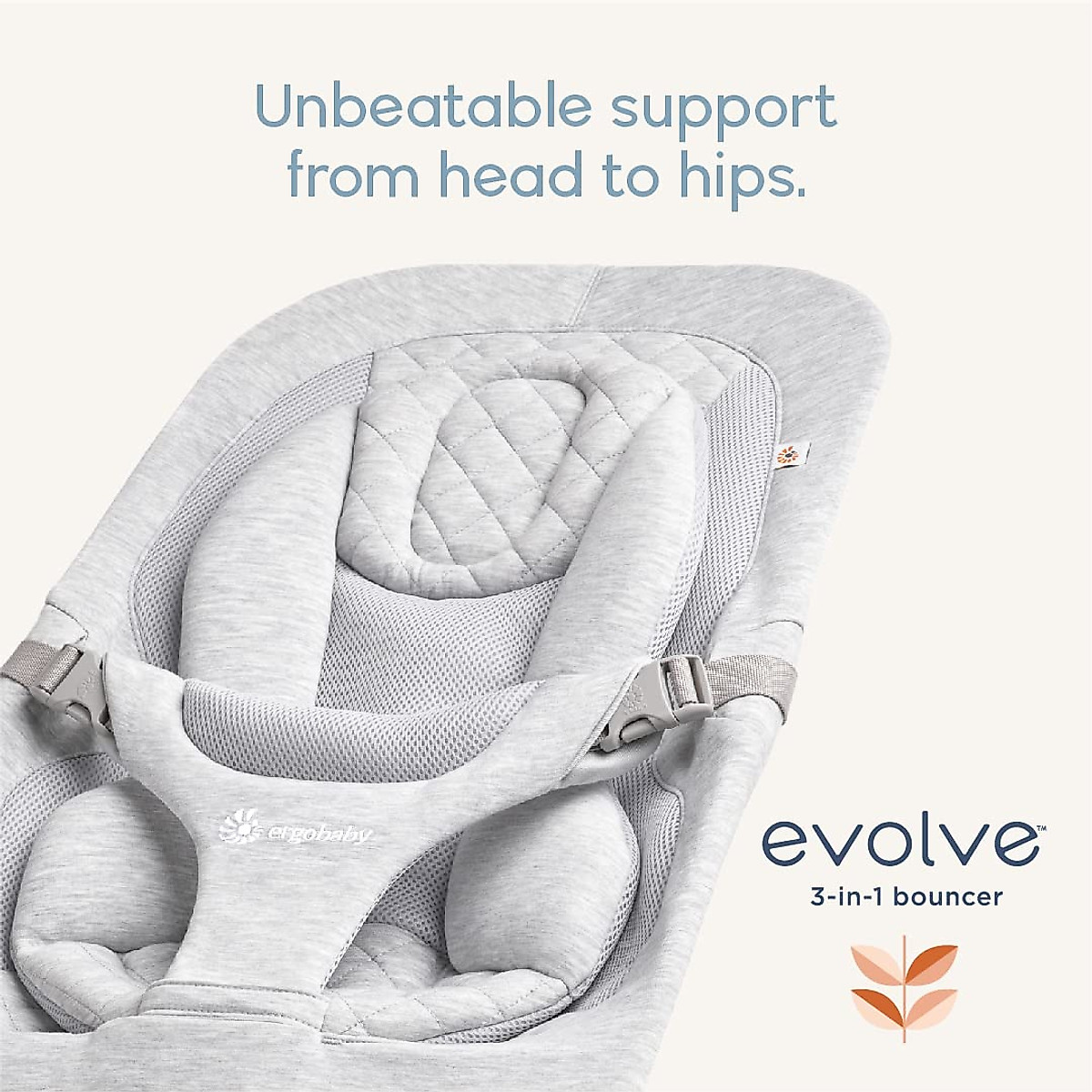 Ergobaby Evolve 3-in-1 Bouncer, Adjustable Multi Position Baby Bouncer Seat, Fits Newborn to Toddler, Light Grey