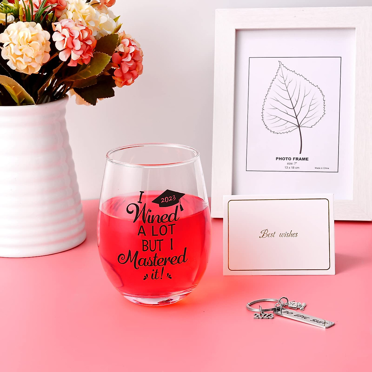Modwnfy Graduation Gifts, I Wined A Lot, But I Mastered It Stemless Wine Glass with Key Chain and Card, College Graduation Gifts for Her Him Men Women Friends University Graduate Master MBA, 17 OZ