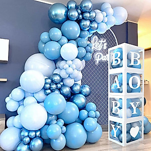 DataMoon Baby Shower Decorations for Boy - Navy Blue Baby Blue Different Sizes Light Blue Balloon Arch Kit,4pcs Boxes with Letters for Baby Boy Shower,Happy Birthday Decorations,Gender Reveal Party