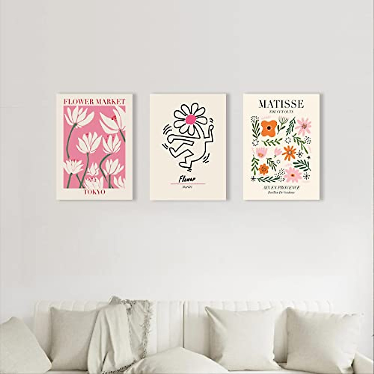 Matisse Wall Art Set of 3, Abstract Matisse Wall Art Exhibition Posters, Pink Beige Flower Market Posters, Minimalist Framed Flower Market Wall Art, Canvas Matisse Prints Painting for Aesthetic Room, Bedroom, Living Room Wall Decor（12x16inch)