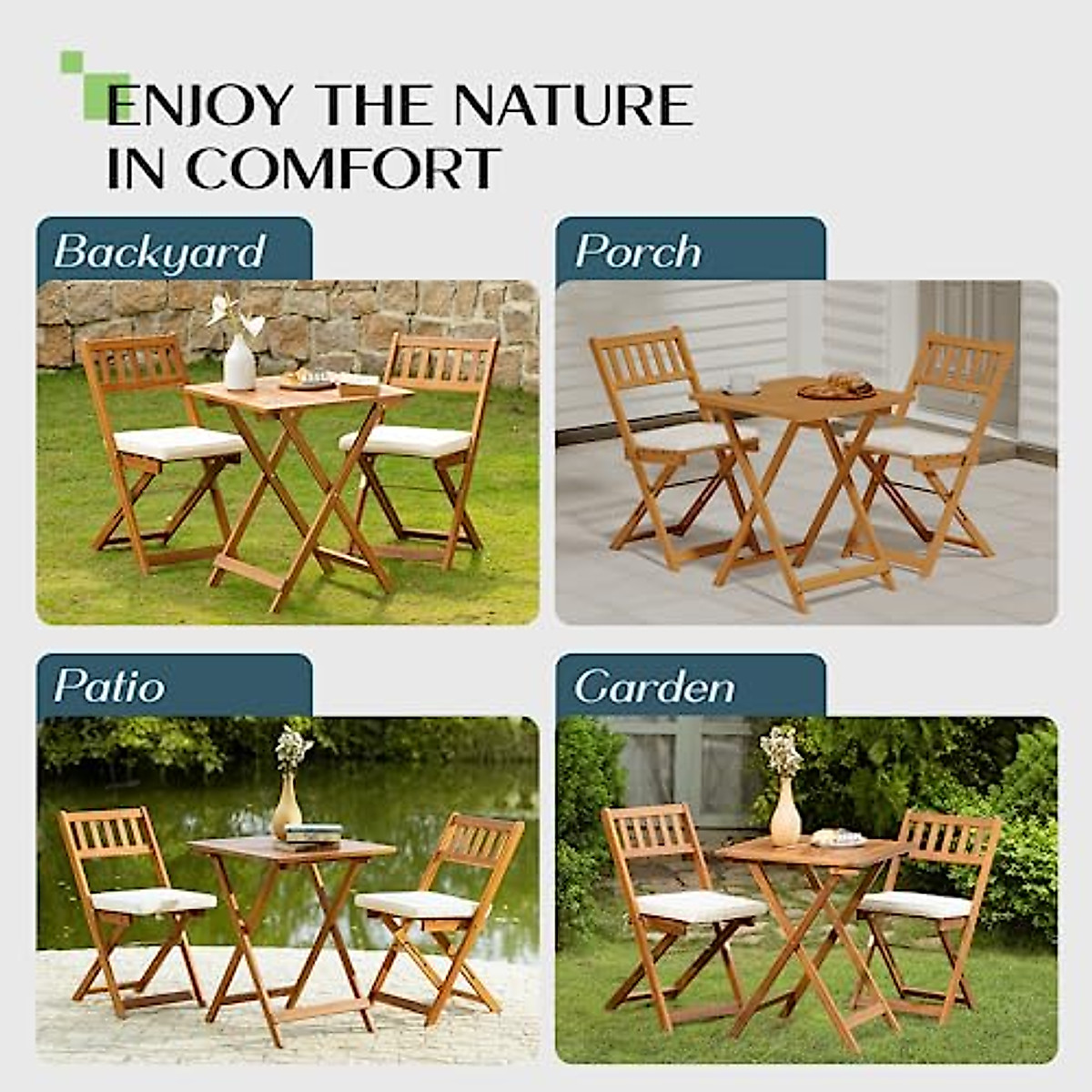 IDZO, Square Table Heavy Duty 400lbs Capacity Patio Bistro Set 3 Piece Outdoor, Folding Chairs w/Cushion