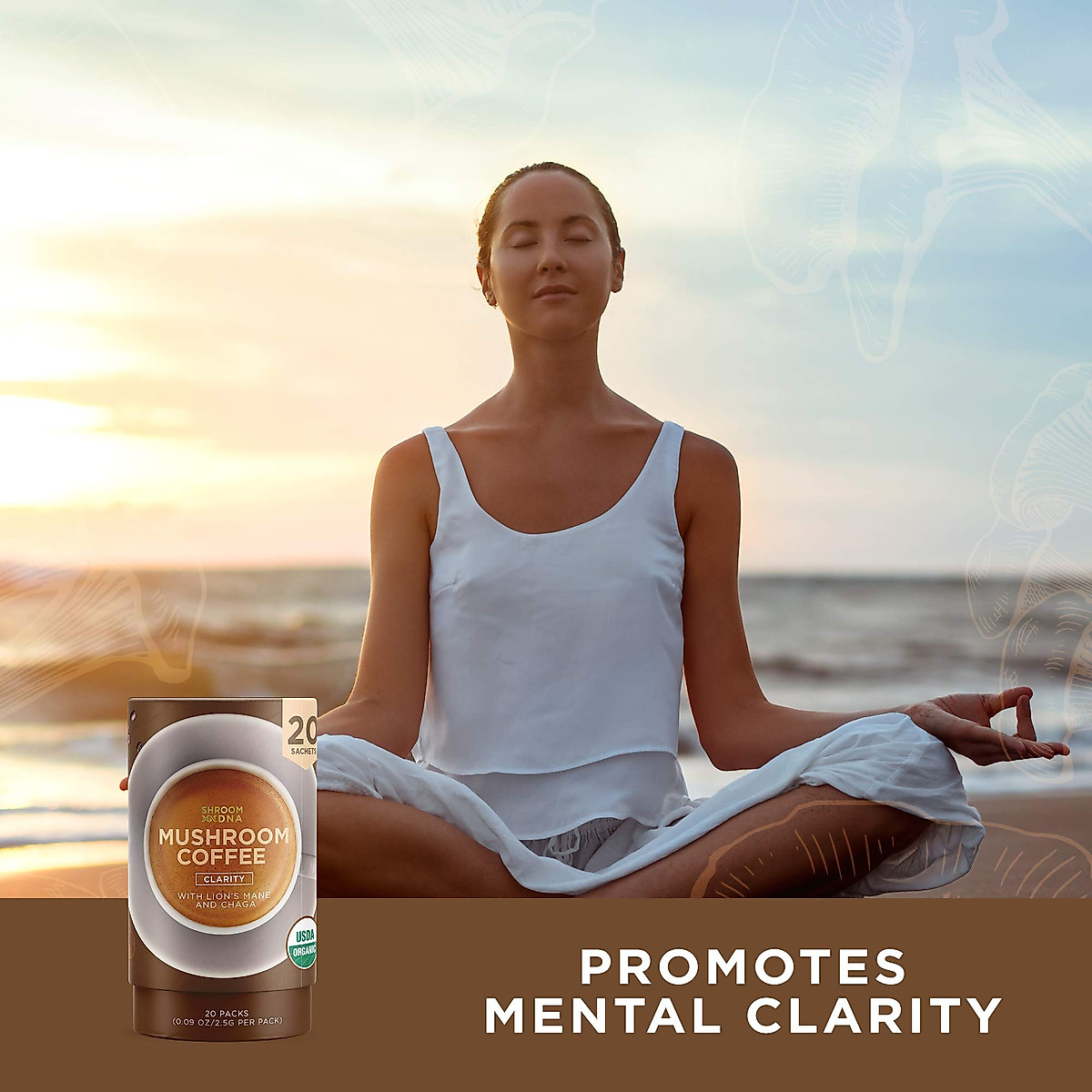 ShroomDNA Mushroom Coffee Blend with Chaga & Lion's Mane | Instant Focus + Clarity All Day | Organic + Vegan + Gluten Free | No Added Sugar | 20 Count