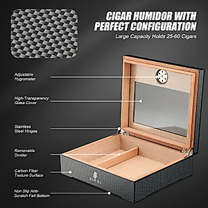 XIFEI Cigar Humidor, Glass Top Carbon Fiber Texture top Inlay Hygrometer,Including Cigar humidifier, Acrylic Cigar Stand,Cigar Ashtray and Humidor Solution, Holds 25-60 Cigars (9IN*7.5 * 2.8)
