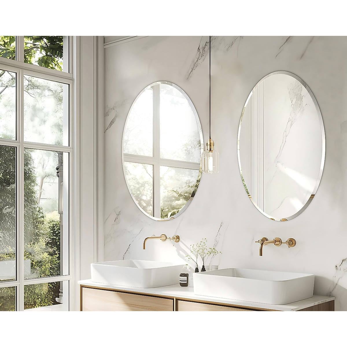 Artloge Frameless Oval Wall Mirror: Decorative Elliptical Mirrored Glass Vanity with Beveled Silver Edge for Bathroom Bedroom Livingroom Dining Room Entryway Hallway, 32 x 24 inch