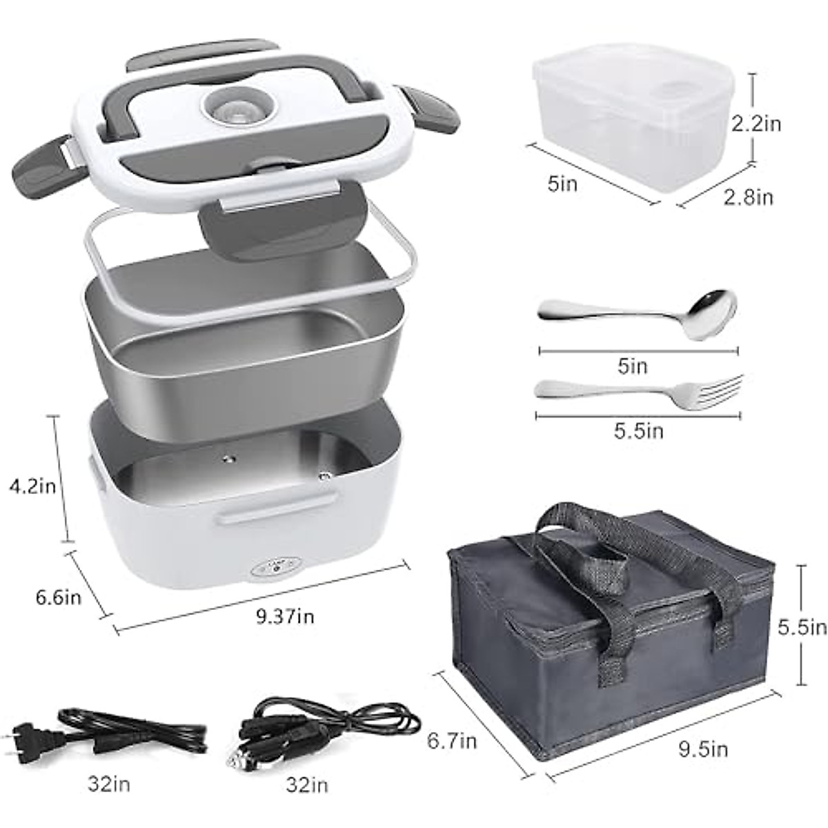 MIYGNDSZ Electric Lunch Box - 3 in 1 60W 1.5L Food Warmer for Car Truck Home, Stainless Steel Lunchbox for 12V 24V 110V Household Camping, Portable Heating Heater for Adult with Fork Spoon Bag