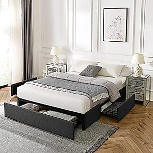 Alohappy Full Size Platform Bed Frame with 3 Storage Drawers,Upholstered Mattress Foundation with Wooden Slats Support,No Box Spring Needed,Modern Style(Dark Grey)