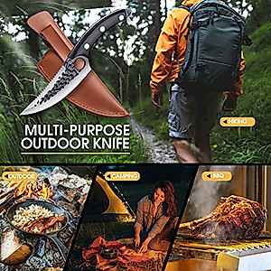 Huusk Viking Knife Caveman Knives - Hand Forged Meat Cleaver Sharp Boning Knife for Meat Cutting Japanese Knife with Sheath Trimming Butcher Knife for Kitchen & Outdoor Use