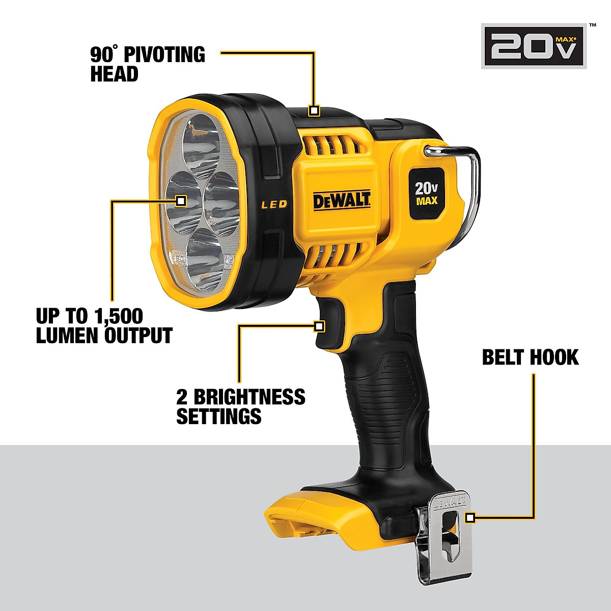 DEWALT 20V MAX LED Work Light, Handheld Spotlight with 508 Yard Distance, Pivoting Head, 1500 Lumens, Cordless, Battery Not Included (DCL043)