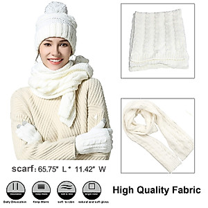 Warm Scarf Glove Hat Beanie Set - Cable Knit Winter Gift Set Pom Cap Touch Screen Glove Long Scarf 3 PCS Set for Women