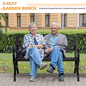 PayLessHere Black Outdoor Metal Loveseat Chairs Patio Garden Bench 50-inch Slatted Seat Armrests Floral Design Backres Perfect for Park, Yard, Porch, Lawn, Balcony, Backyard