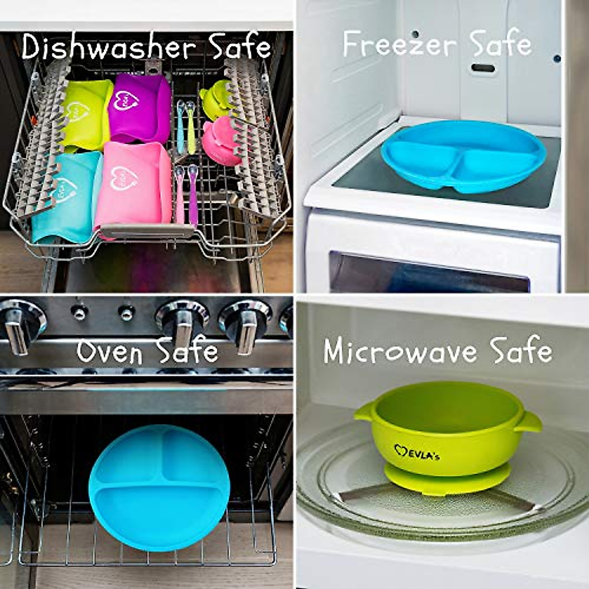 EVLA'S Baby Feeding Set, Baby Led Weaning Supplies, Adjustable Silicone Bibs, Divided Plate, Suction Bowl with Lid, Soft Spoons for Babies or Toddlers, Baby Registry must have!