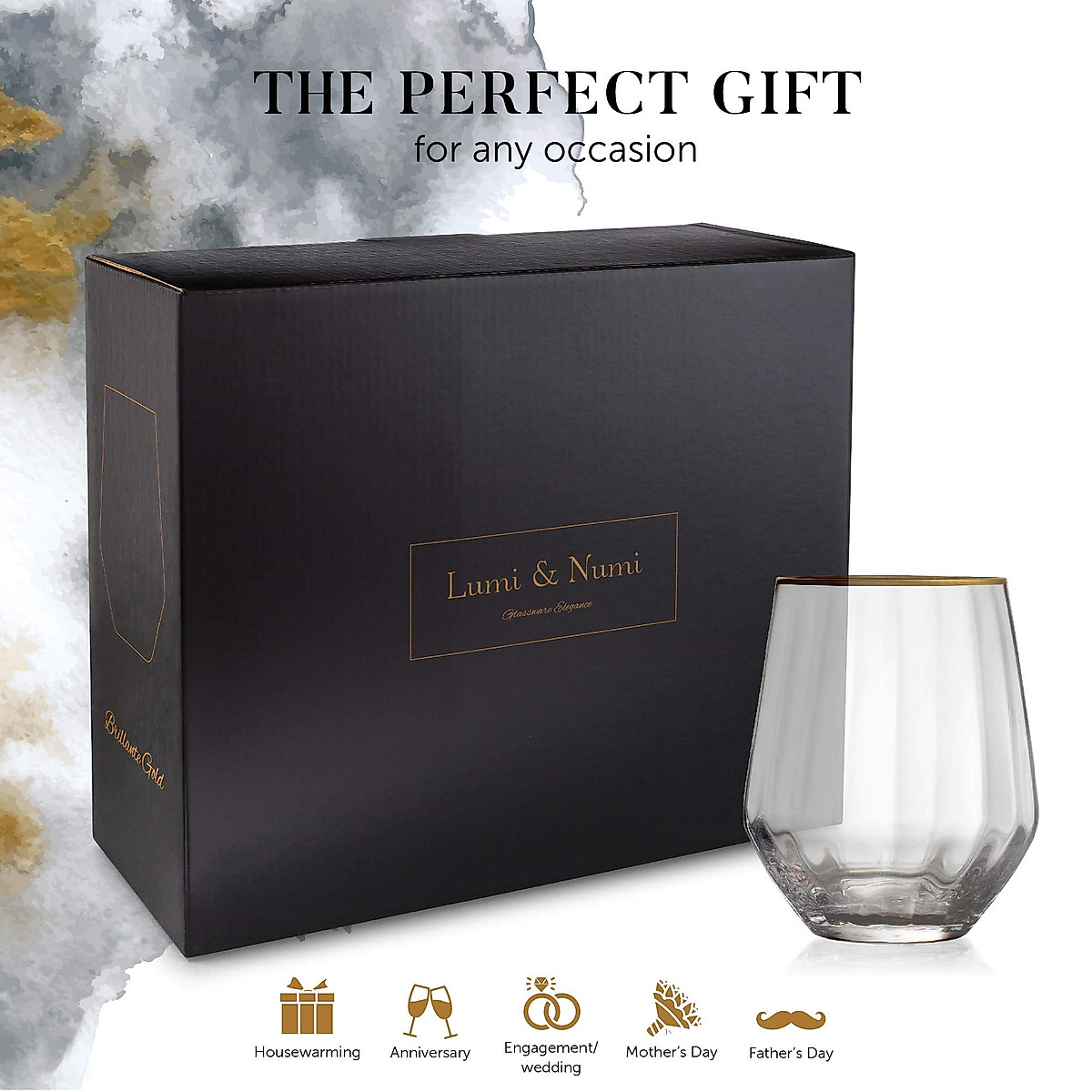 Hand blown Stemless 15.5 Oz. Wine Glass - 24K Gold-Rim - Set of 4 Classic Red & White Wine Glasses + Bottle Stopper, Lead-Free Crystal Cocktail Goblet -Tumbler for Entertaining & Gifting, Lumi & Numi