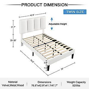 VECELO Twin Bed Frames, Upholstered Platform Bedframe, Adjustable Headboard, Wood Slat Support, No Box Spring Needed, Easy Assembly, White