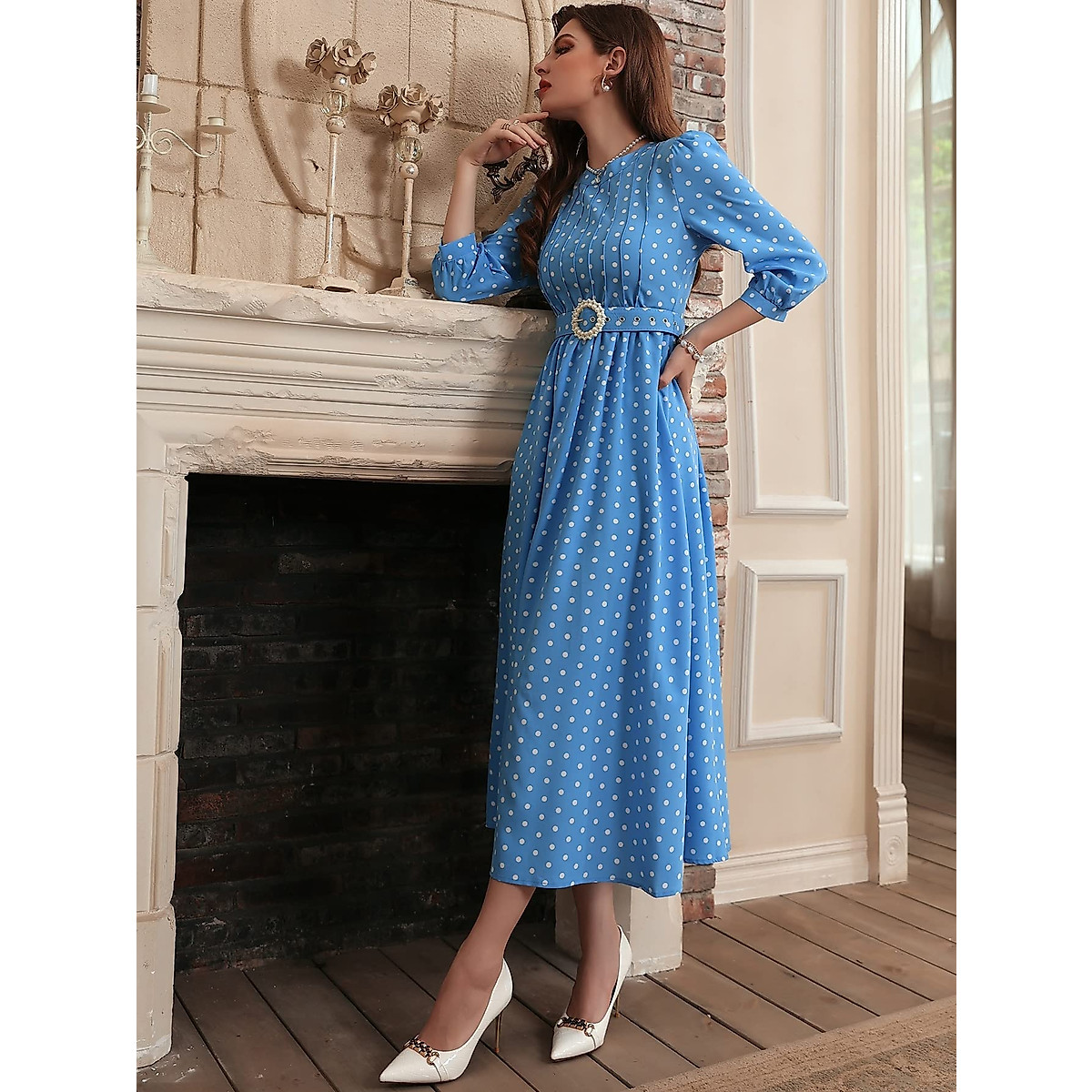 WDIRARA Women's Polka Dots Puff 3/4 Sleeve A Line Pleated Belted Flare Cocktail Long Dress Blue L