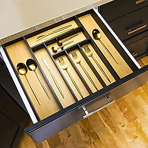 Cozee Bay Bamboo drawer organizer, utensil holder, silverware organizer, and adjustable cutlery tray with drawer dividers, for kitchen, office desk, and bathroom storage (Black)