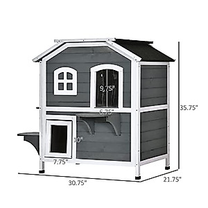 PawHut 2-Story Cat House Outdoor, Weatherproof Wooden Cat Enclosure for Feral Cats with Escape Door, Openable Roof, Jumping Platforms, Gray