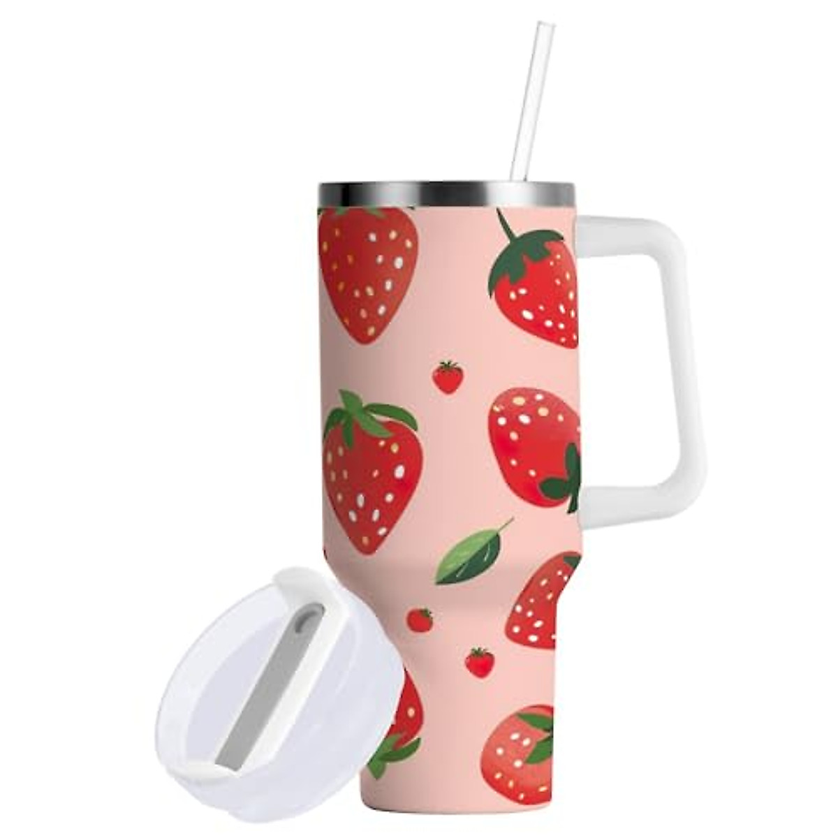 Jihqo Cute Strawberry 40 oz Stainless Steel Vacuum Insulated Tumbler with Handle and Straw Lid, Leakproof Water Bottle Double Wall Travel Mug Coffee Cup, Cupholder Friendly