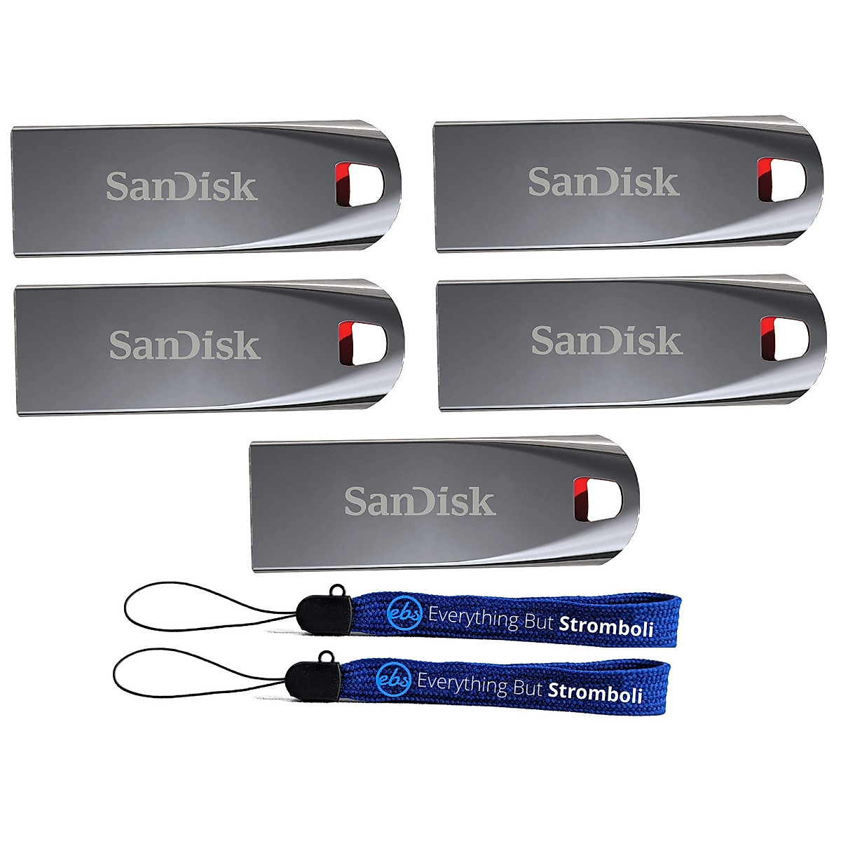 SanDisk 16GB (Five Pack Bundle) Cruzer Force Flash Drive USB 2.0 16G SDCZ71-016G-B35 with (2) Everything But Stromboli (TM) Lanyard