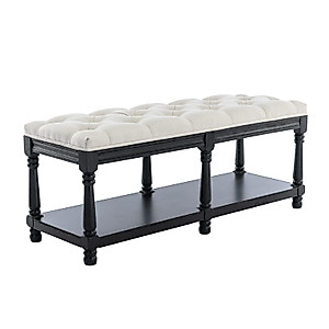 Janoray Farmhouse Storage Bench Wooden Entryway Linen Upholstered Ottoman Button Tufted Bench with Black Legs for Bedroom End of Bed Hallway Organizer, Beige, 45 Inch
