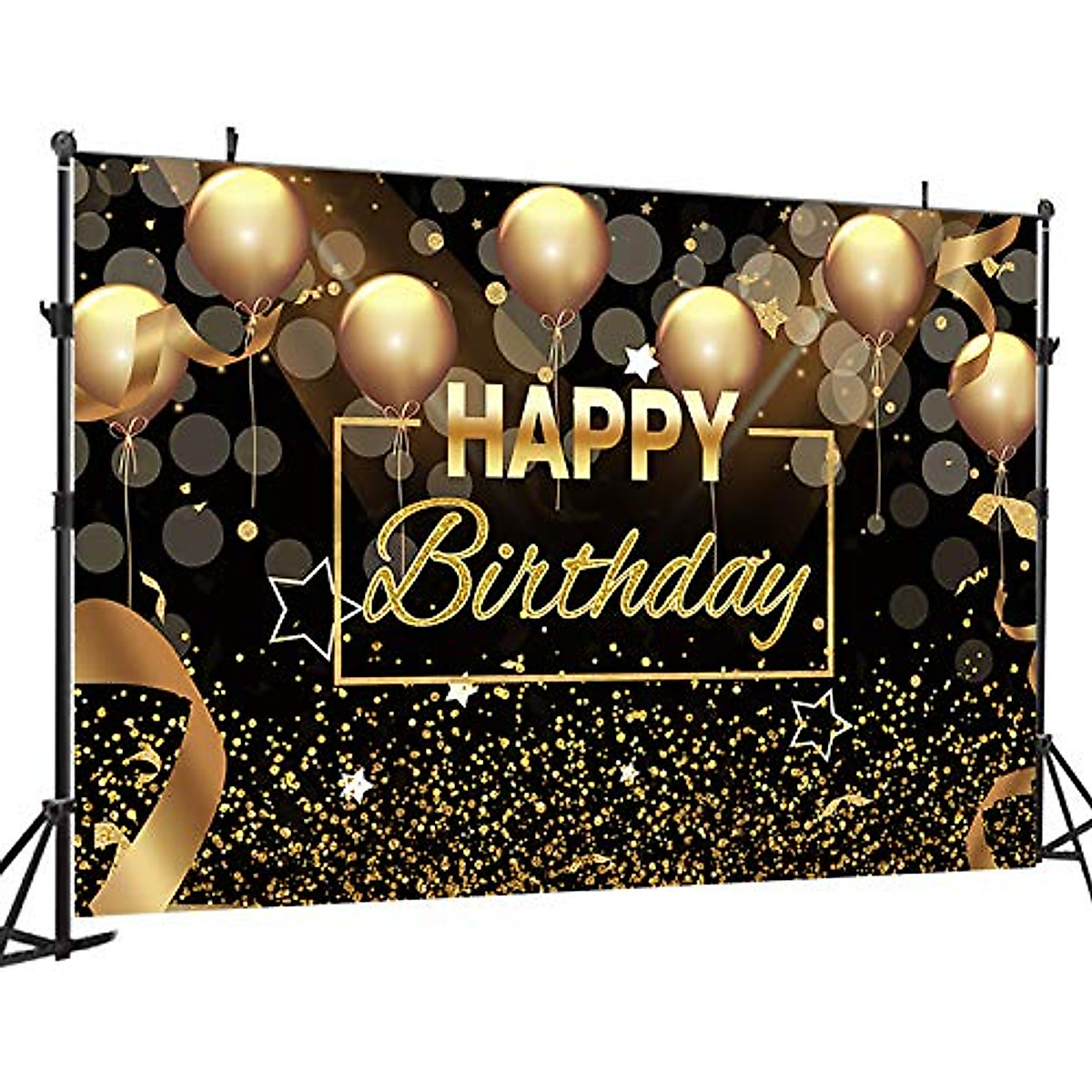 Sensfun Black Gold Happy Birthday Backdrop Sparkle Glitter Golden Balloon Bokeh Circles Dots Photography Background Men Women 30th 40th 50th 60th Birthday Party Decorations Photo Banner Prop 7x5ft