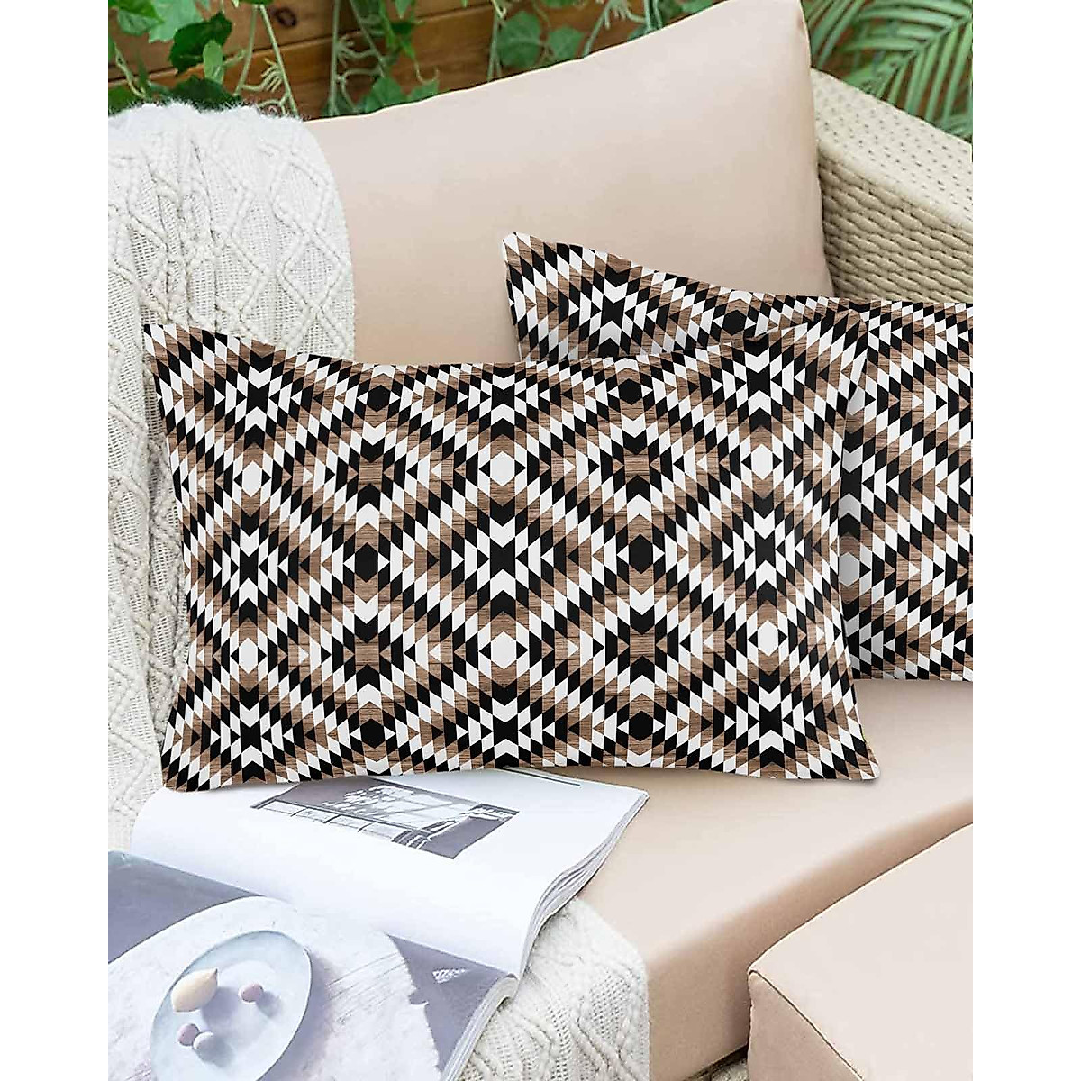 Brown Black Outdoor Pillow Cover 12x20 Inch Cushion Sham Case, Waterproof Decorative Lumbar Throw Pillowcase for Outside Garden Patio Porch Couch Chair Tent Moroccan Southwestern Aztec Abstract Boho