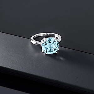 Gem Stone King 925 Sterling Silver Sky Blue Topaz Engagement Ring | Double Prong Ring for Women | 4.25 Cttw | Cushion Cut 10MM | Gemstone Birthstone | Available in size 5, 6, 7, 8, 9
