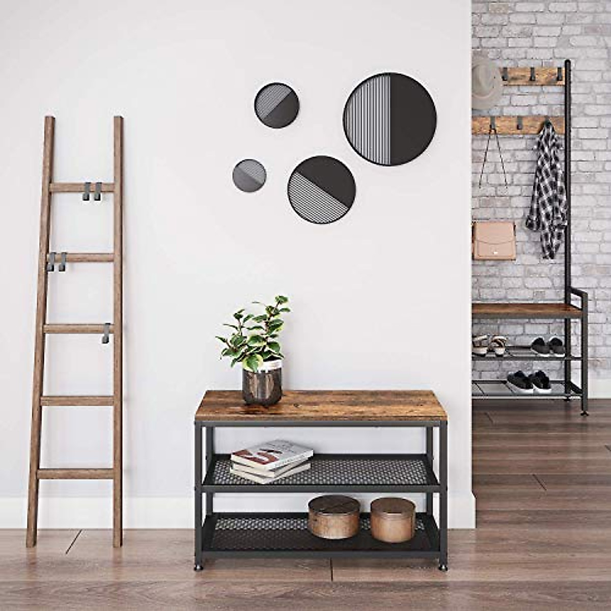 Ballucci Shoe Rack Bench, 3-Tier Shoe Rack, Entryway Shoe Organizer with Seat, Metal Storage Shelves for Hallway, Living Room, Mudroom - Rustic Brown