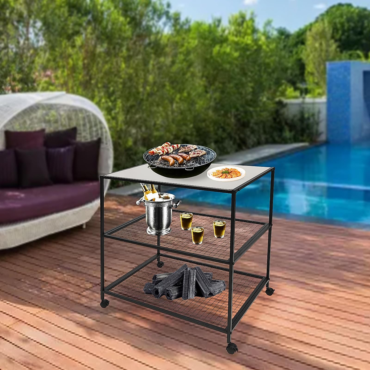 RIAHNEAH Outdoor Grill Cart with Wheels, Picnic Table with 3 layerStorage Shelves, Movable Dining Cart Worktable Trolley for BBQ, Portable Dining Cart Patio Bar Table