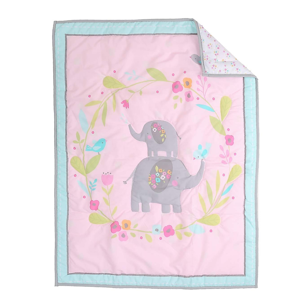 Sweet baba Luxury 4 Piece Elephant Crib Bedding Set,Pink Crib Set for Baby Girls(Brids/Flowers),Microfiber Printed Nursery Bedding Set with Comforter/Skirt/Crib Sheet/Blanket