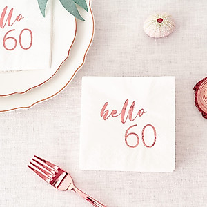 Crisky Rose Gold Hello 60 Cocktail Napkins for Women 60th Birthday Decorations, 3-Ply 60th Birthday Disposable Cake Beverage Dessert Napkins, 50 Pcs