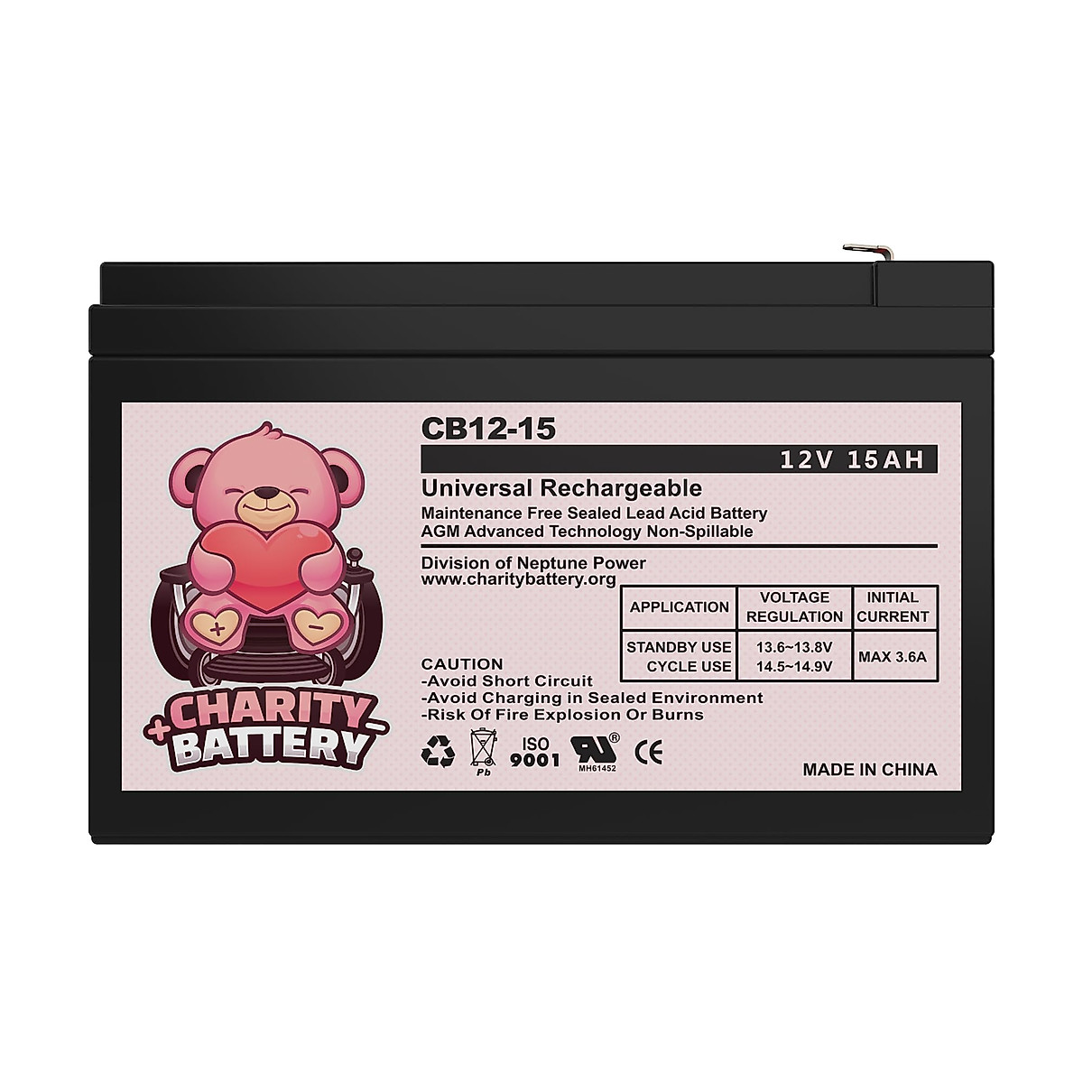 Charity Battery CB12-15 12V 15Ah SLA Battery (Replaces cb12-12 np12-12 bp12-12 es12-12 ub12120)