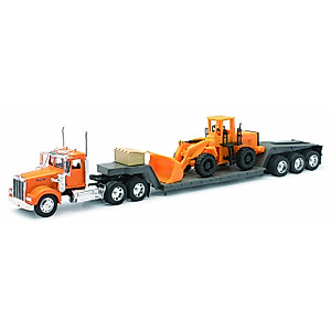 New Ray Kenworth W900 Truck with Lowboy Trailer Orange and Wheel Loader Yellow Long Haul Trucker Series 1/32 Diecast Model