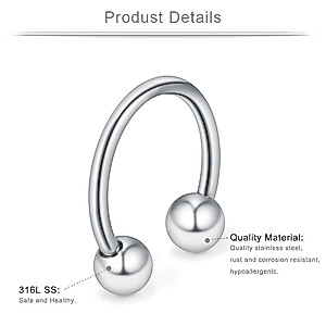 Ruifan 24PCS 16G Surgical Steel Nose Septum Horseshoe Earring Eyebrow Tongue Lip Nipple Helix Tragus Piercing Rings Jewelry 6mm 8mm 10mm 12mm Silver