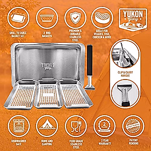 Yukon Glory BBQ 'N SERVE Grill Basket Set - Includes 3 Grilling Baskets a Serving Tray & Clip-on Handle - Patent Grill to Table Design Perfect For Grilling Fish Veggies & Meats