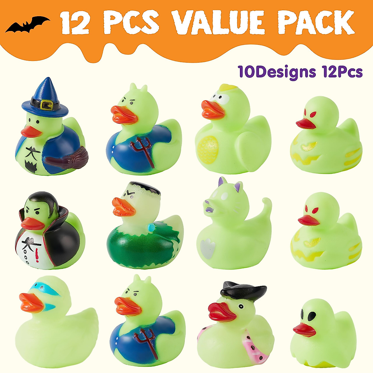 JOYIN 12 PCS Halloween Glow Ducks Bath Toys, Rubber Duckies for Trick or Treating Goodie Bag Fillers, Glow in The Dark Ducky Duck for Halloween Party Favors Decorations School Classroom Prizes