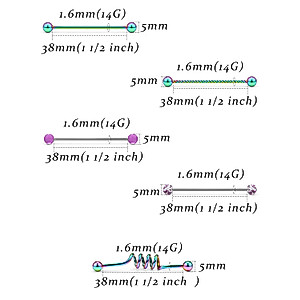 Goerhsjie 14g 14 Gauge Long Bar Industrial Piercing Jewelry Rainbow Barbell Earrings for Women Surgical Stainless Silver Steel