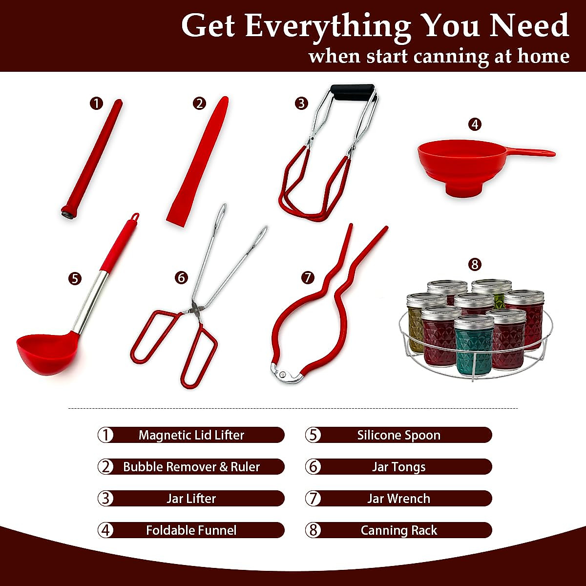 REPALY 8 Pieces Canning Supplies Starter Kit, Canning Tools Set with Rack, Funnel, Spoon, Tongs, Jar Lifter, Lid Lifter, Jar Wrench, Bubble Remover