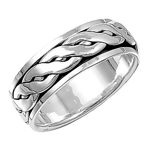 Double Accent Sterling Silver Braided Spinner Ring 8mm (Size 7 to 14) Size 8