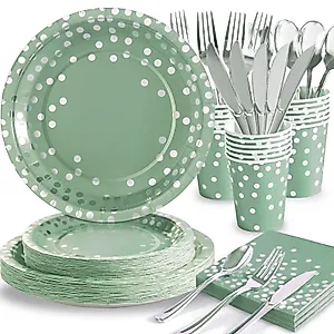 Gudvilla Sage Green Paper Plates-168pcs Sage Green Plates Disposable Party Supplies Serve 24 for Sage Green and Silver Birthday Wedding Baby Shower Party Decorations