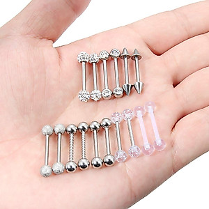 SCERRING 8 Pairs 14G Stainless Steel Clear CZ Nipple Ring Tongue Straight Barbell Rings Bars Retainer Body Piercing Jewelry for Women Men 9/16Inch Silver