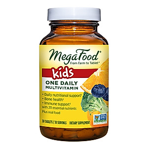 MegaFood Kids One Daily - Kids Vitamins - With Vitamin B, Vitamin C, Vitamin D & Zinc - Bone Health & Immune Support Supplement - Non-GMO, Vegetarian, Made Without 9 Food Allergens - 30 Mini Tabs