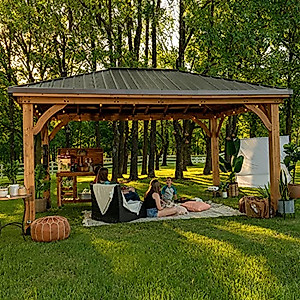 Backyard Discovery Barrington 16 ft. x 12 ft. Hip Roof Cedar Wood Gazebo Pavilion, Shade, Rain, Hard Top Steel Metal Roof, All Weather Protected, Wind Resistant up to 100 mph, Holds up to 7800 lbs