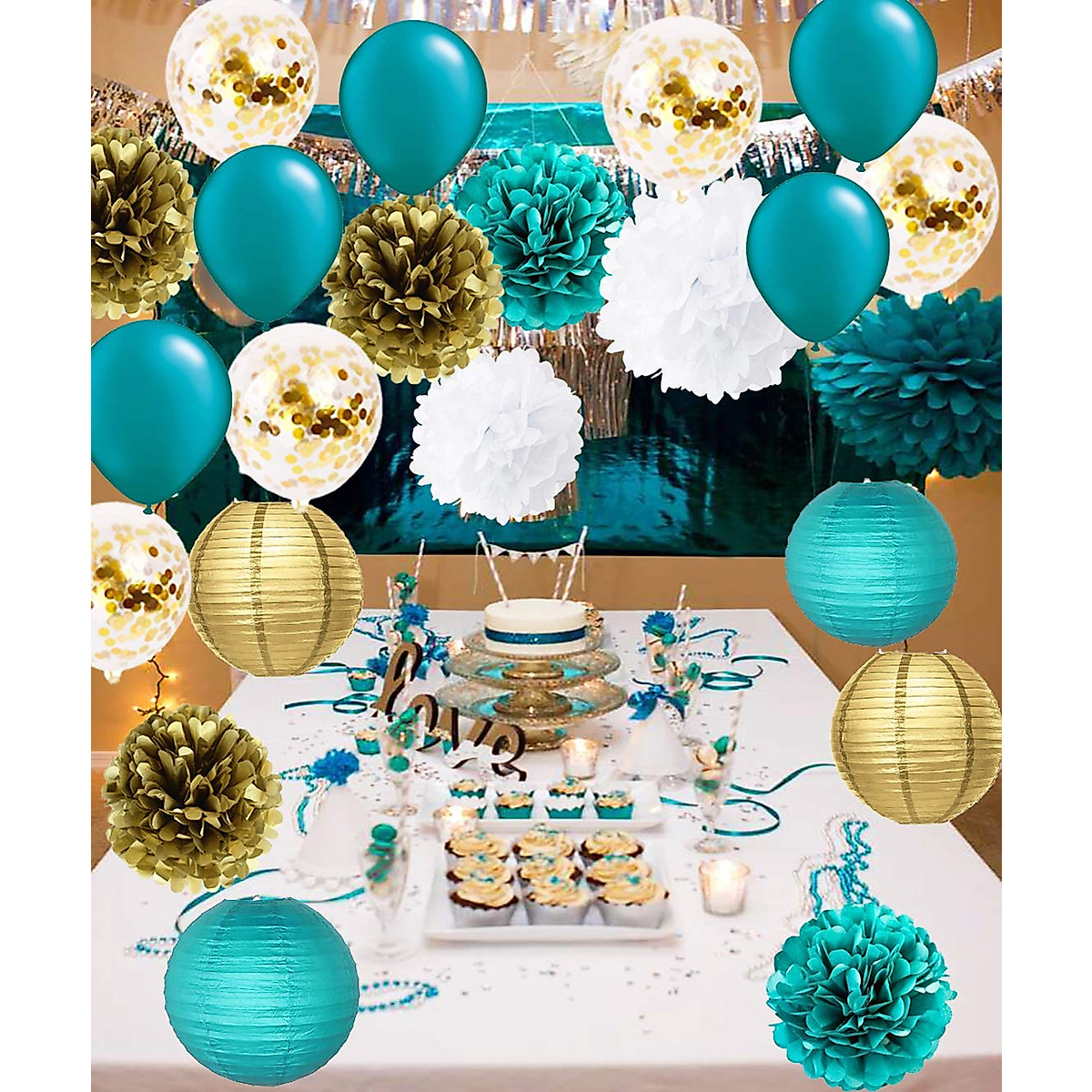 Furuix Bride Shower Decorations Bride to Be Banner White Teal Gold Tissue Pom Pom Paper Lanterns Tassel Garland for Hen Party/Bachelorette Party Decorations Kit - Bridal Shower Supplies