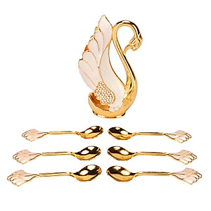 GLOGLOW Swan Base Holder, Innovative Gold Smoother Edges Swan Base Holder Coffee Dinnerware Set with Forks Spoons for Bistros Bars Amily (Golden White Spoons)